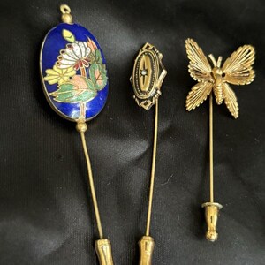 3 Vintage Stick Pins Butterfly Cloisonné Enamel Floral Gold Tone Monet ...
