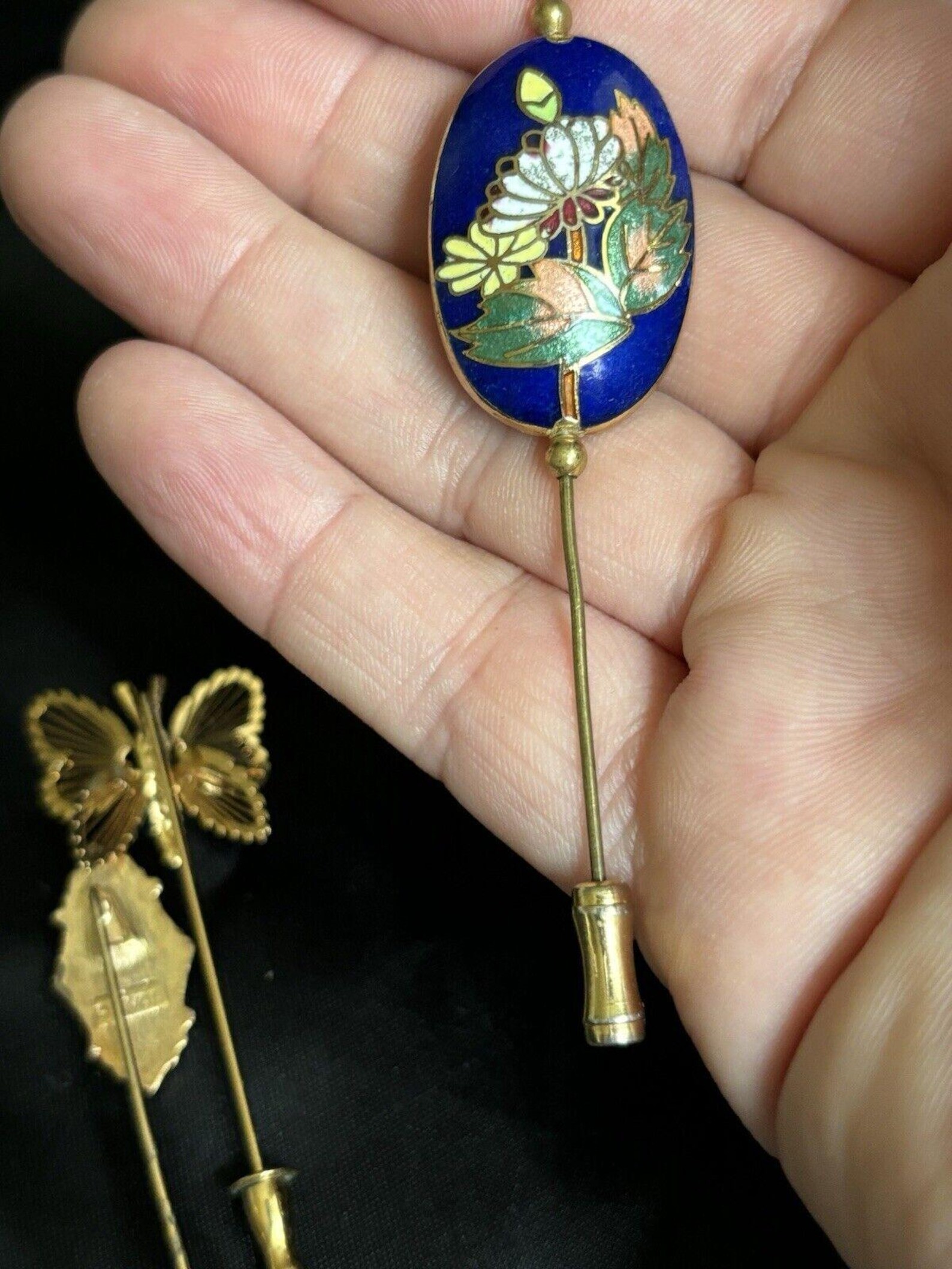 3 Vintage Stick Pins Butterfly Cloisonné Enamel Floral Gold Tone Monet ...
