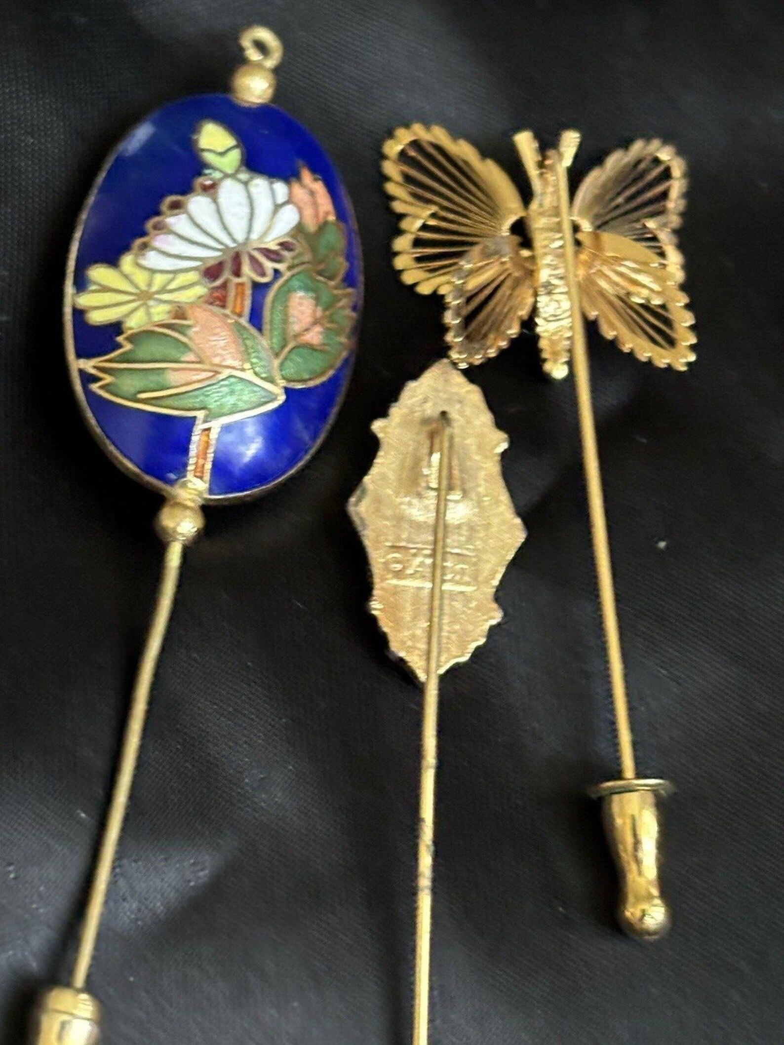 3 Vintage Stick Pins Butterfly Cloisonné Enamel Floral Gold Tone Monet ...