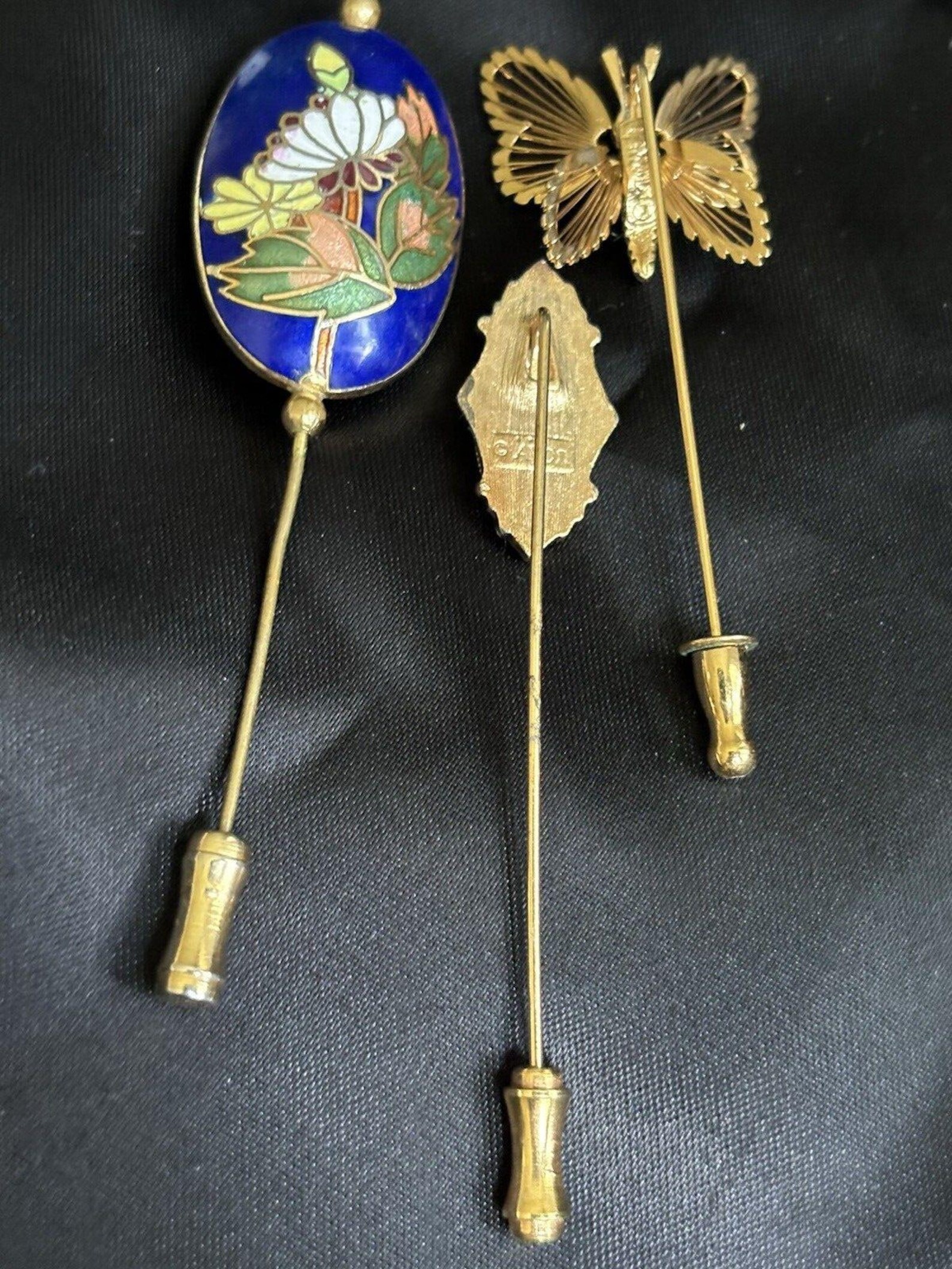 3 Vintage Stick Pins Butterfly Cloisonné Enamel Floral Gold Tone Monet ...
