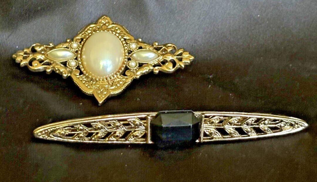 2 Vintage 1928 Brooch Pins Faux Pearl and Lucite Bar Pins Gold Tone 2 ...