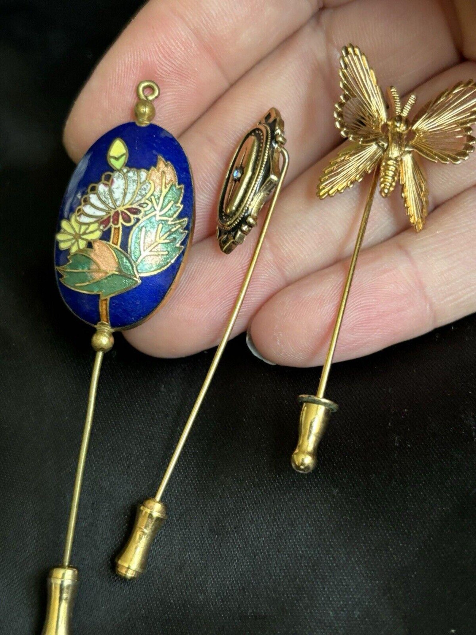 3 Vintage Stick Pins Butterfly Cloisonné Enamel Floral Gold Tone Monet ...