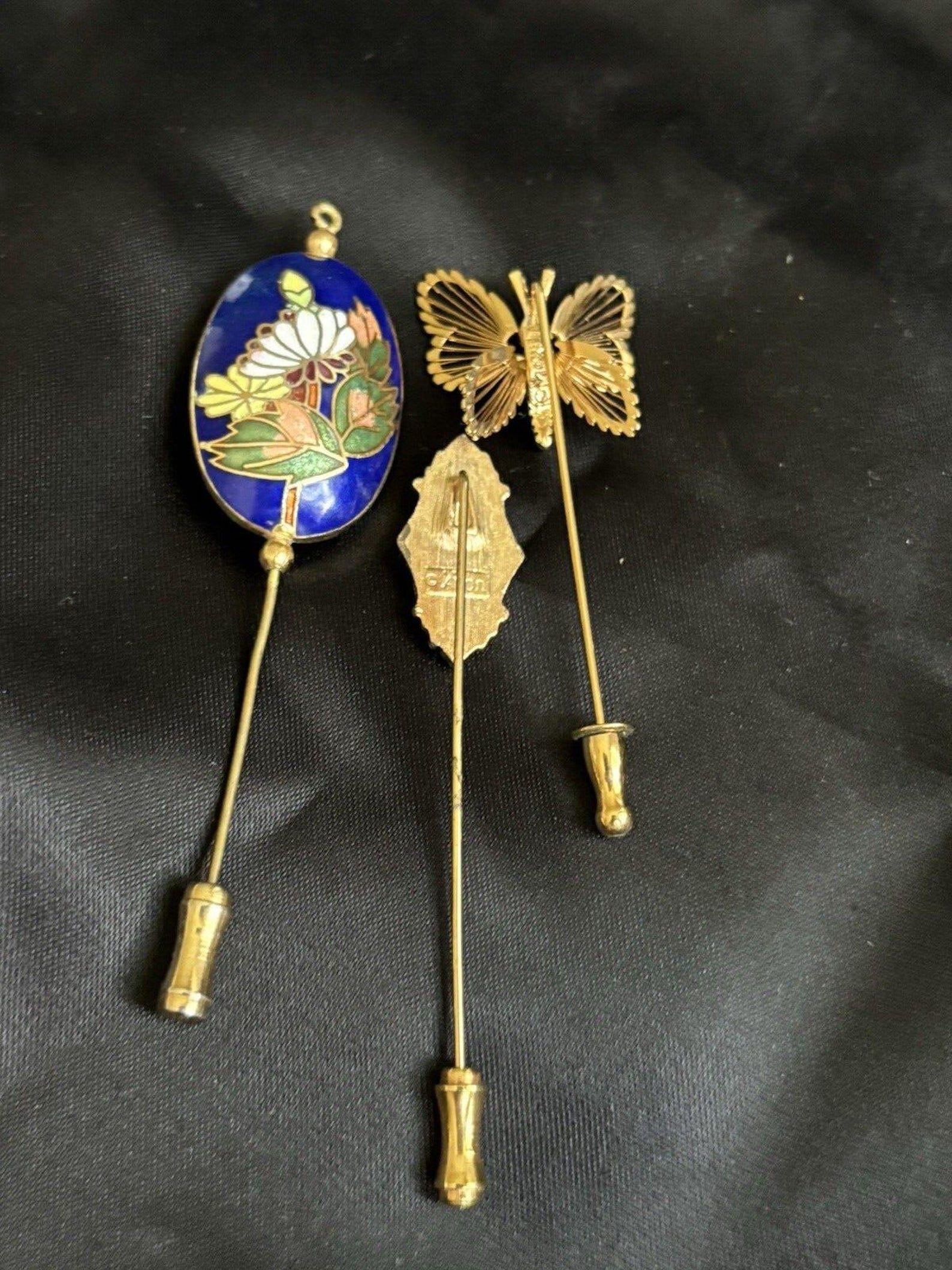 3 Vintage Stick Pins Butterfly Cloisonné Enamel Floral Gold Tone Monet ...