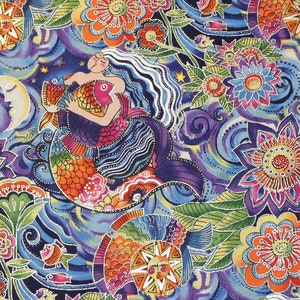 Laurel Burch SEA GODDESS Mermaids Fabric Periwinkle - BTHY or Precut ...