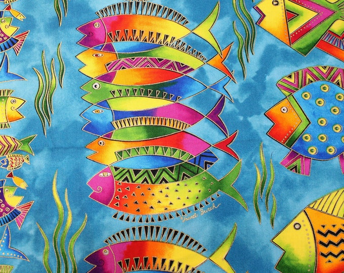 Laurel Burch Rare Oop OCEAN SONGS Large Fish on Teal Blue Fabric - SHY ...