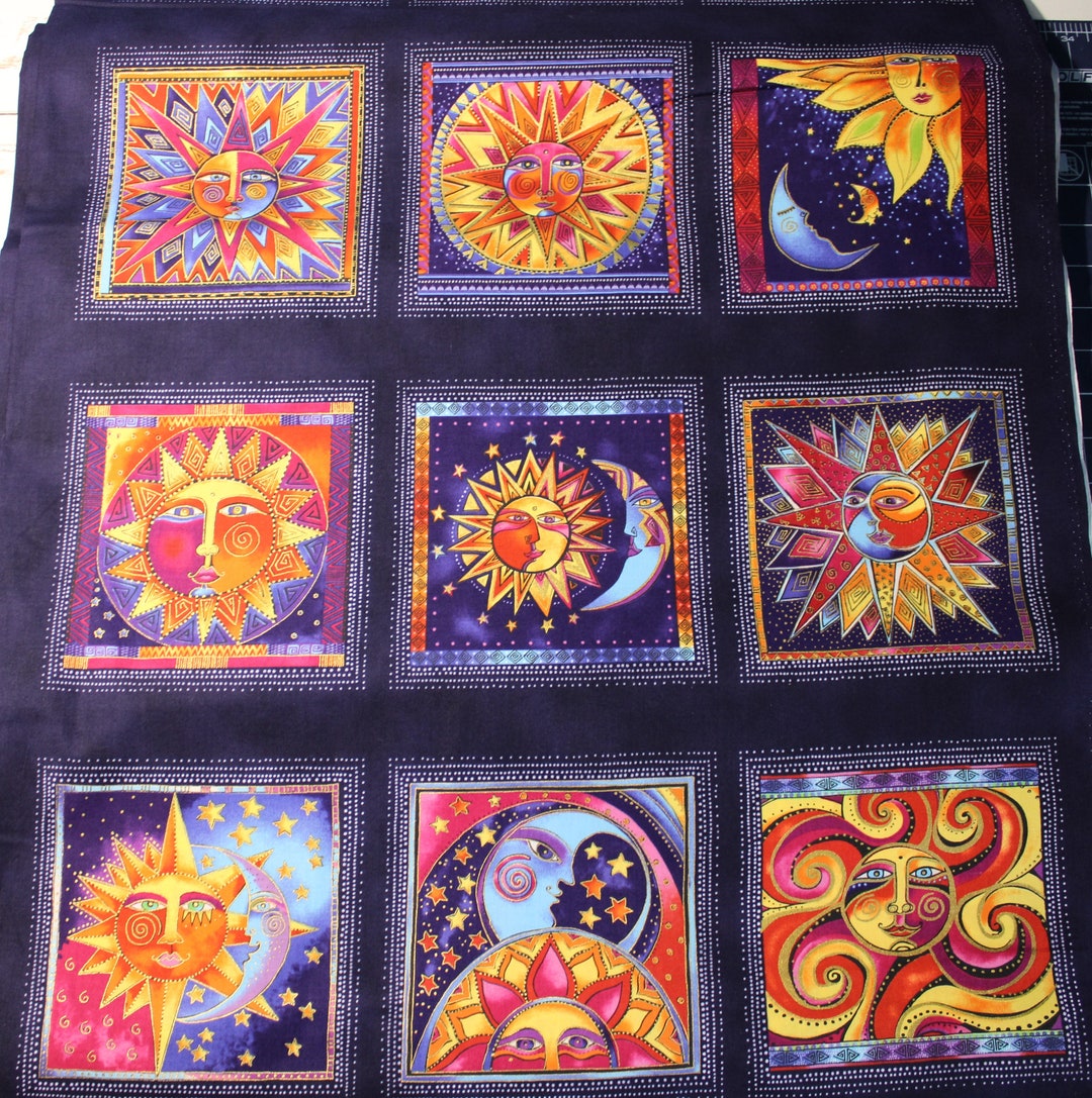 Laurel Burch CELESTIAL MAGIC Suns & Moons 18 Block Fabric Panel Navy ...