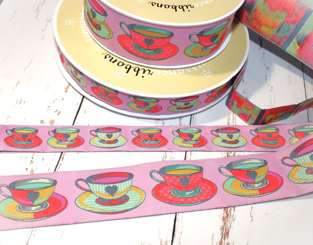 TULA PINK Ribbon Curiouser & Curiouser Tea Time Cups on Pink - BTY - Etsy