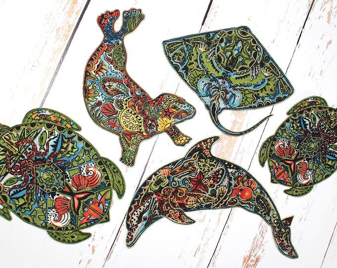 Iron-on APPLIQUE SET 5 PCS Tribal Native Ocean Sea Life Art Hand-cut ...