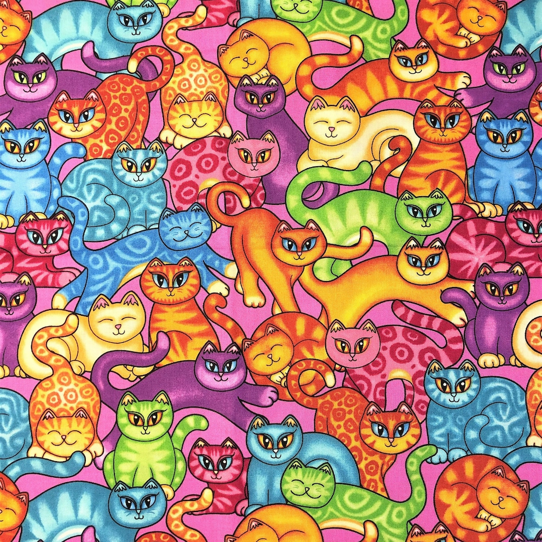 SEW CATTY Colorful Cats on Pink Fabric Dan Morris - BTHY - Etsy