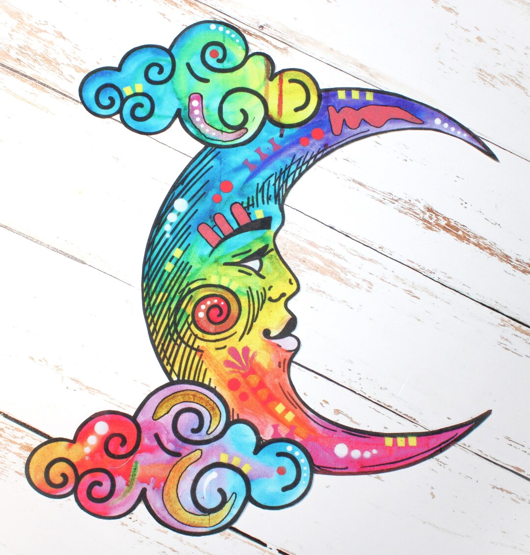 Iron-on XL APPLIQUE Celestial Moon Fabric Hand-cut Quilt Fabric - 12 3/ ...