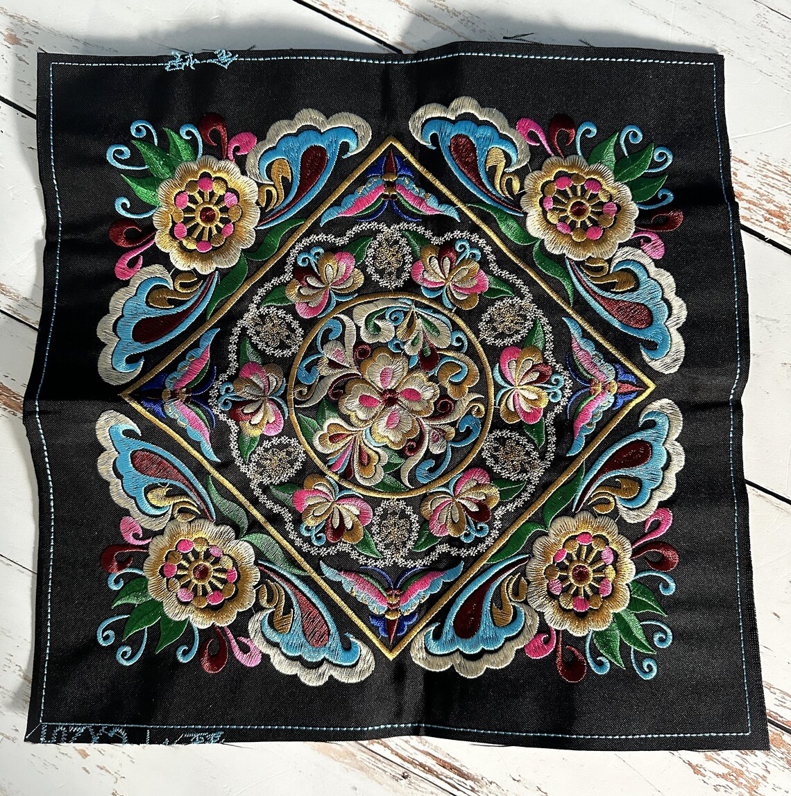 Machine EMBROIDERED PANEL Gold Blue Burgundy Floral Upholstery Pillow ...