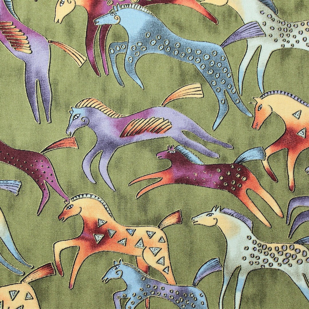 Laurel Burch MYTHICAL HORSES Olive Running Horses Fabric - Etsy