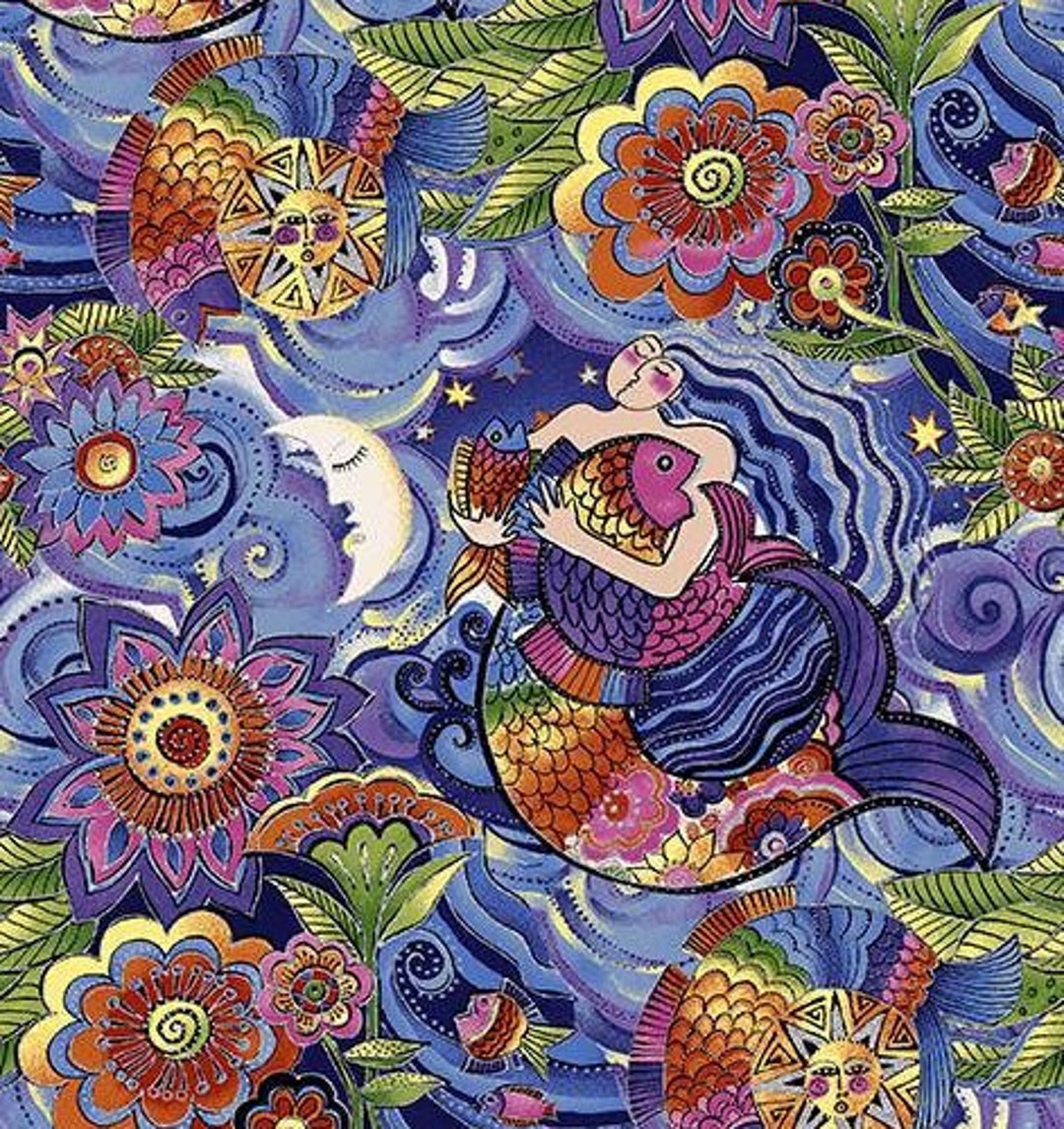 Laurel Burch SEA GODDESS Mermaids Fabric Periwinkle - BTHY or Precut ...