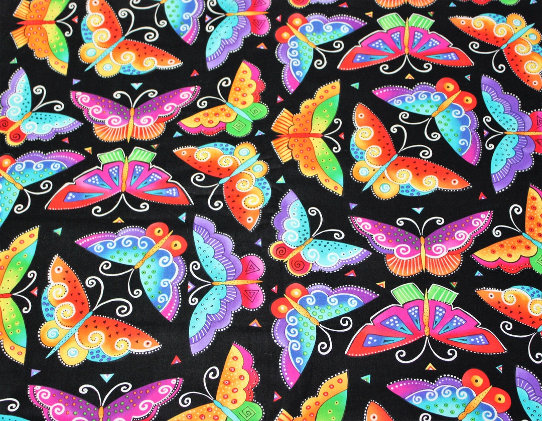 Laurel Burch FLYING COLORS 2 Bright Butterflies on Black Fabric - BTHY ...