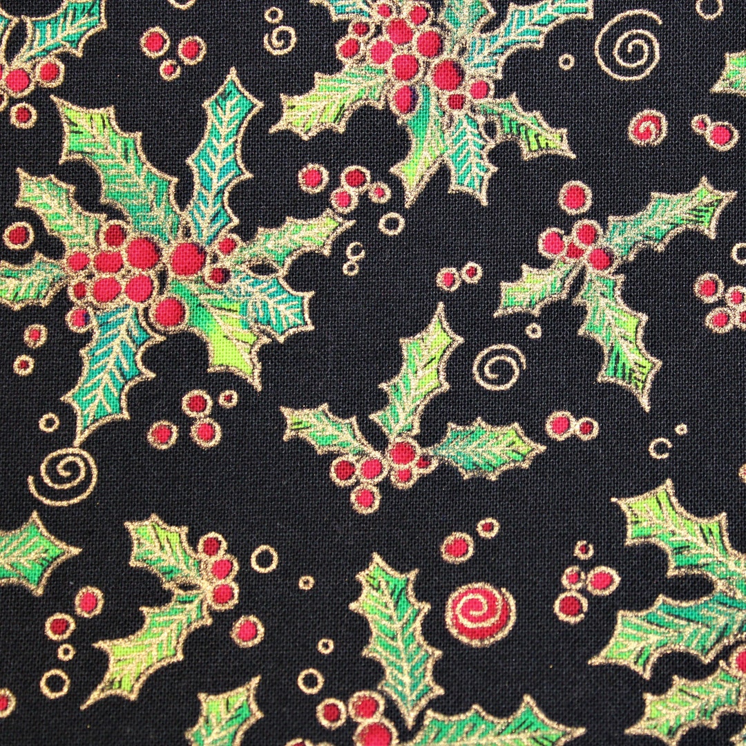 Laurel Burch HOLIDAY COLLECTION Holiday Christmas Holly Fabric Black 1/ ...