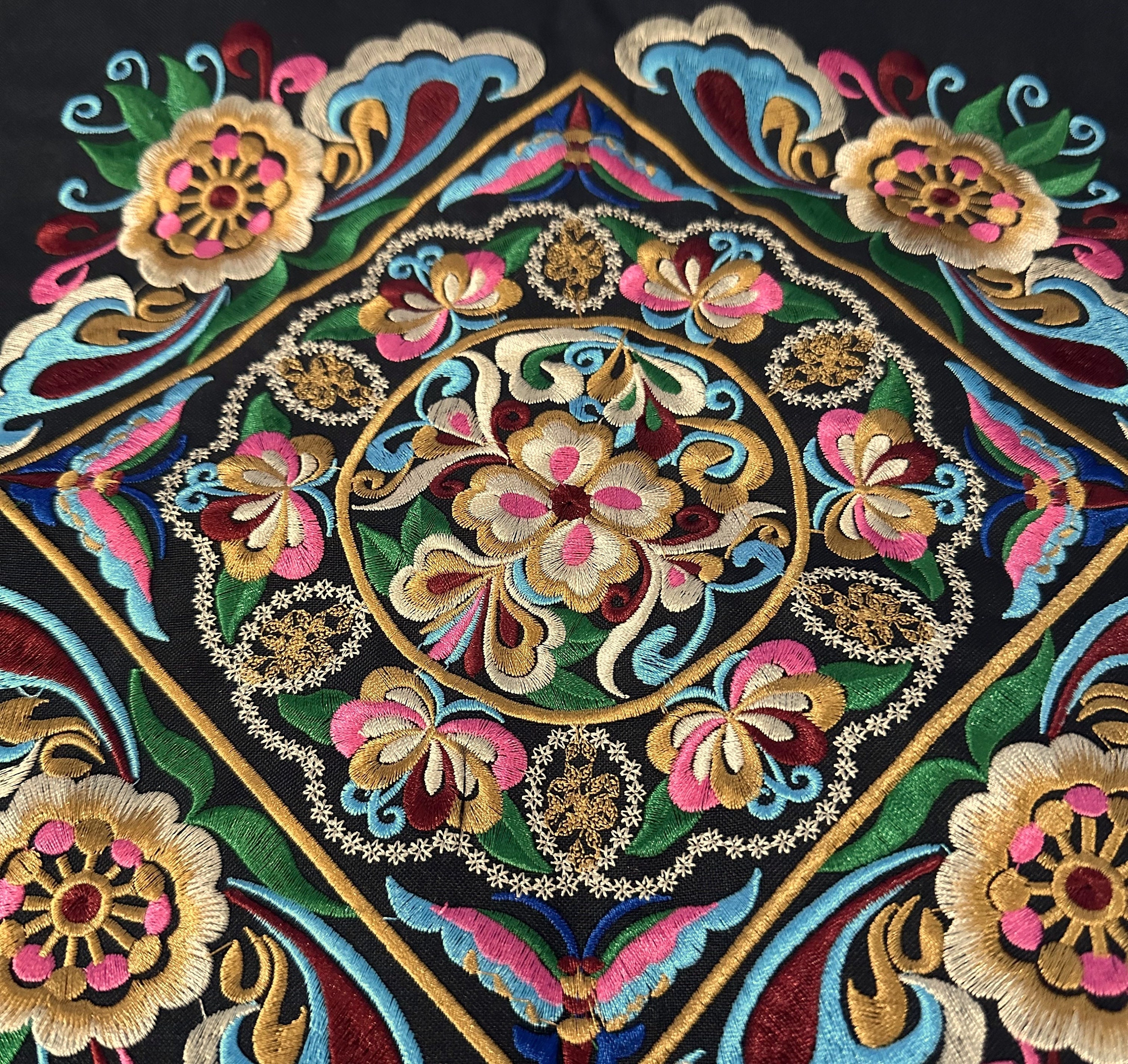 Machine EMBROIDERED PANEL Gold Blue Burgundy Floral Upholstery Pillow ...