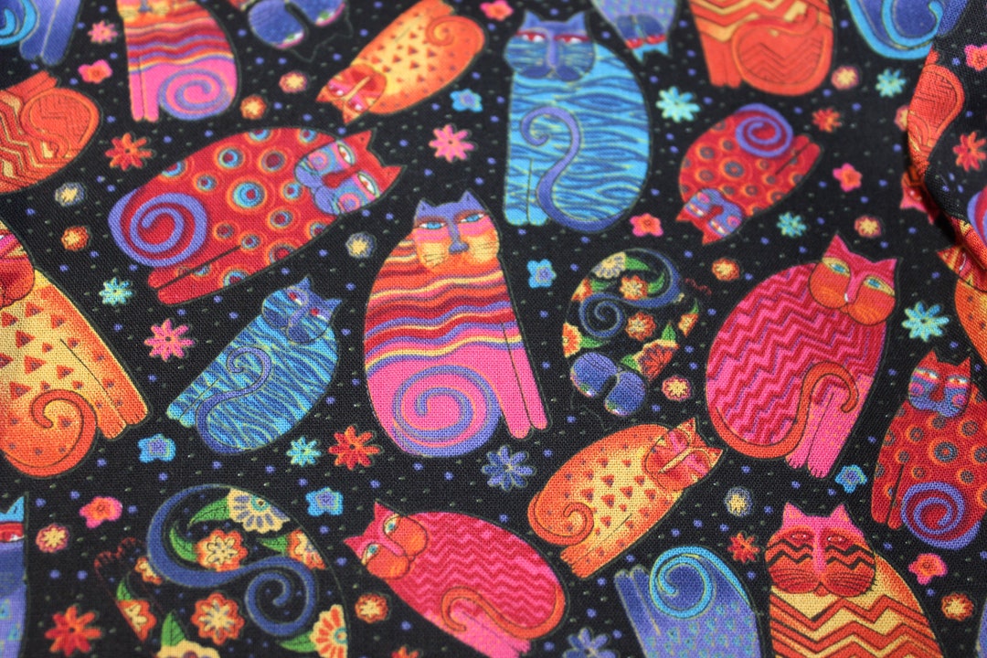 Laurel Burch Tossed Cats on Black Rare Manufacturer's Cotton EXTRA WIDE ...