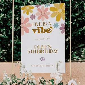 Five is a Vibe Welcome Sign Template, 5th Birthday Welcome Sign, Retro ...