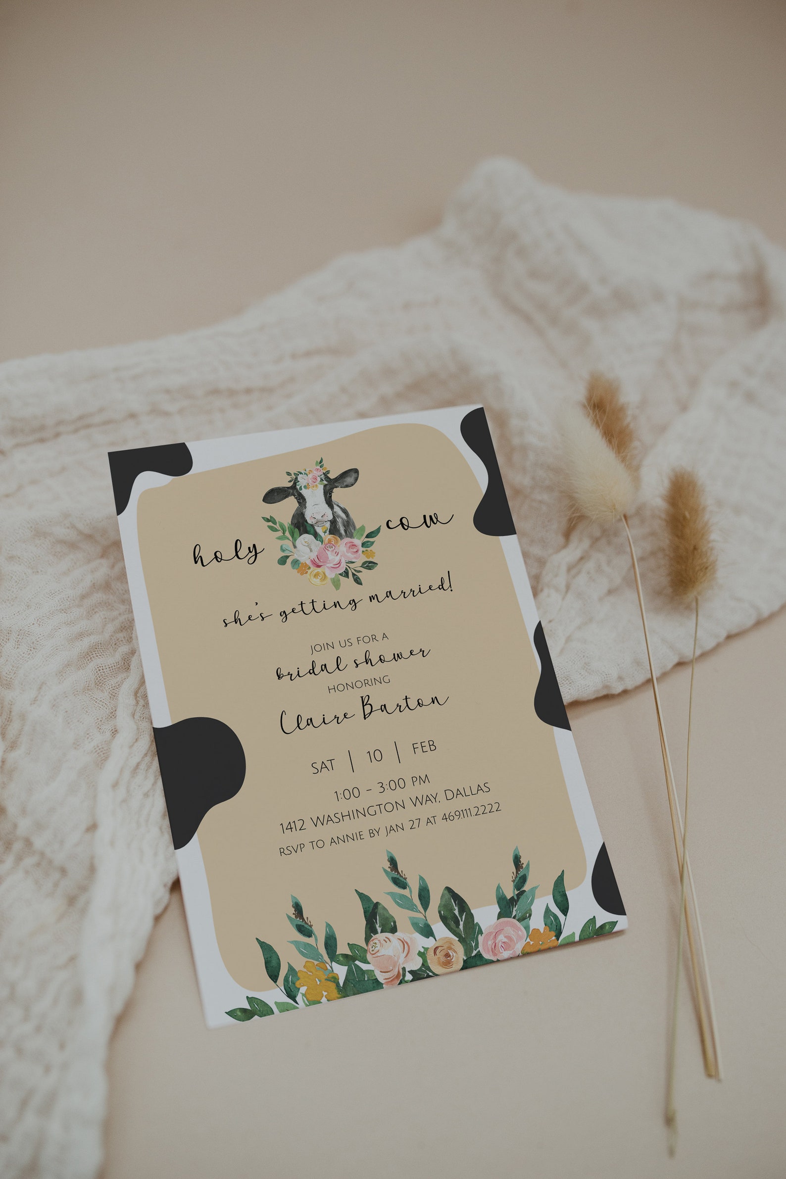 DIXIE Cow Bridal Shower Invitation Template, Holy Cow She's Getting Married, Editable Cow Print ...