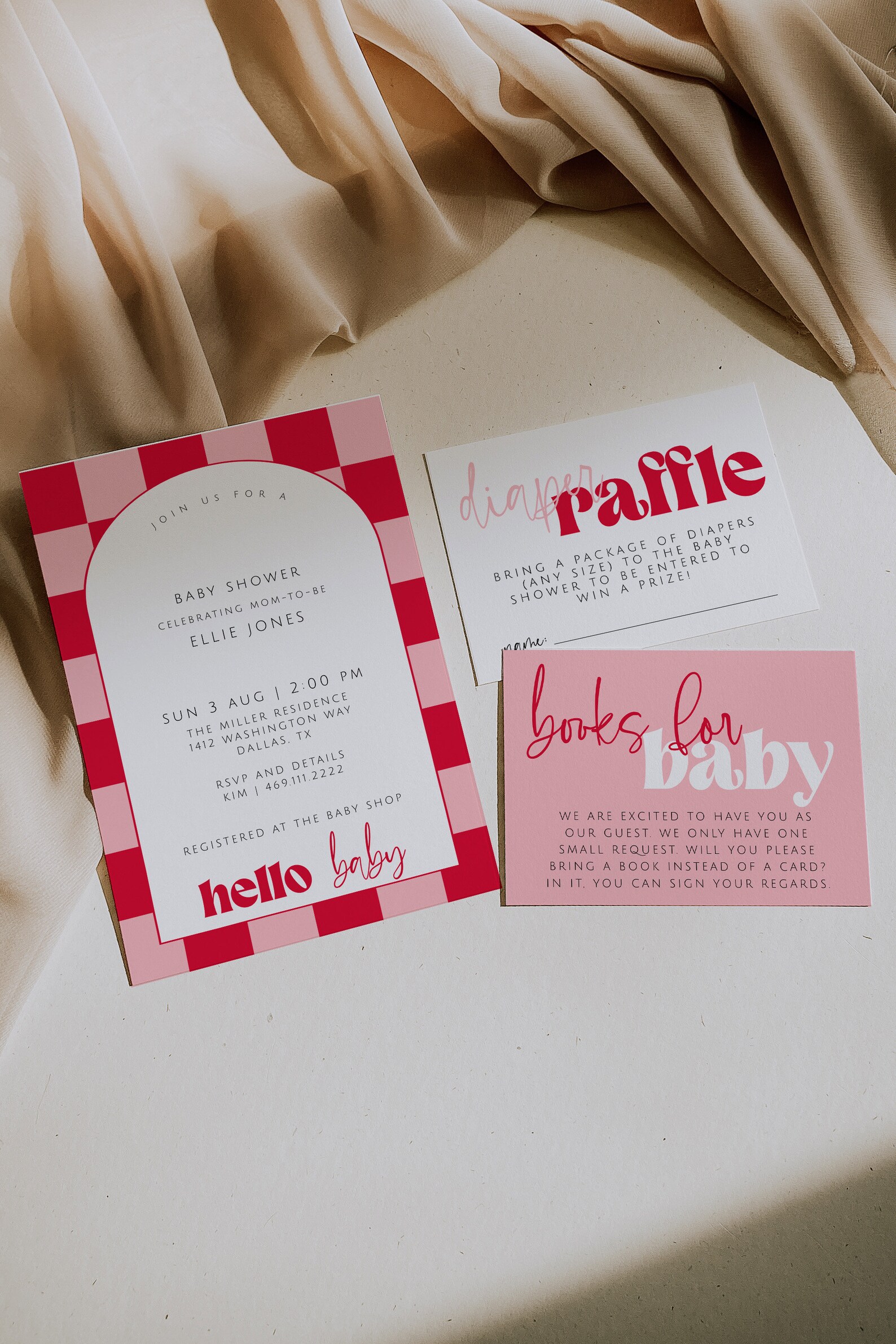 CHERYL Checkered Baby Shower Invitation Suite Template, Cherry Red Baby ...