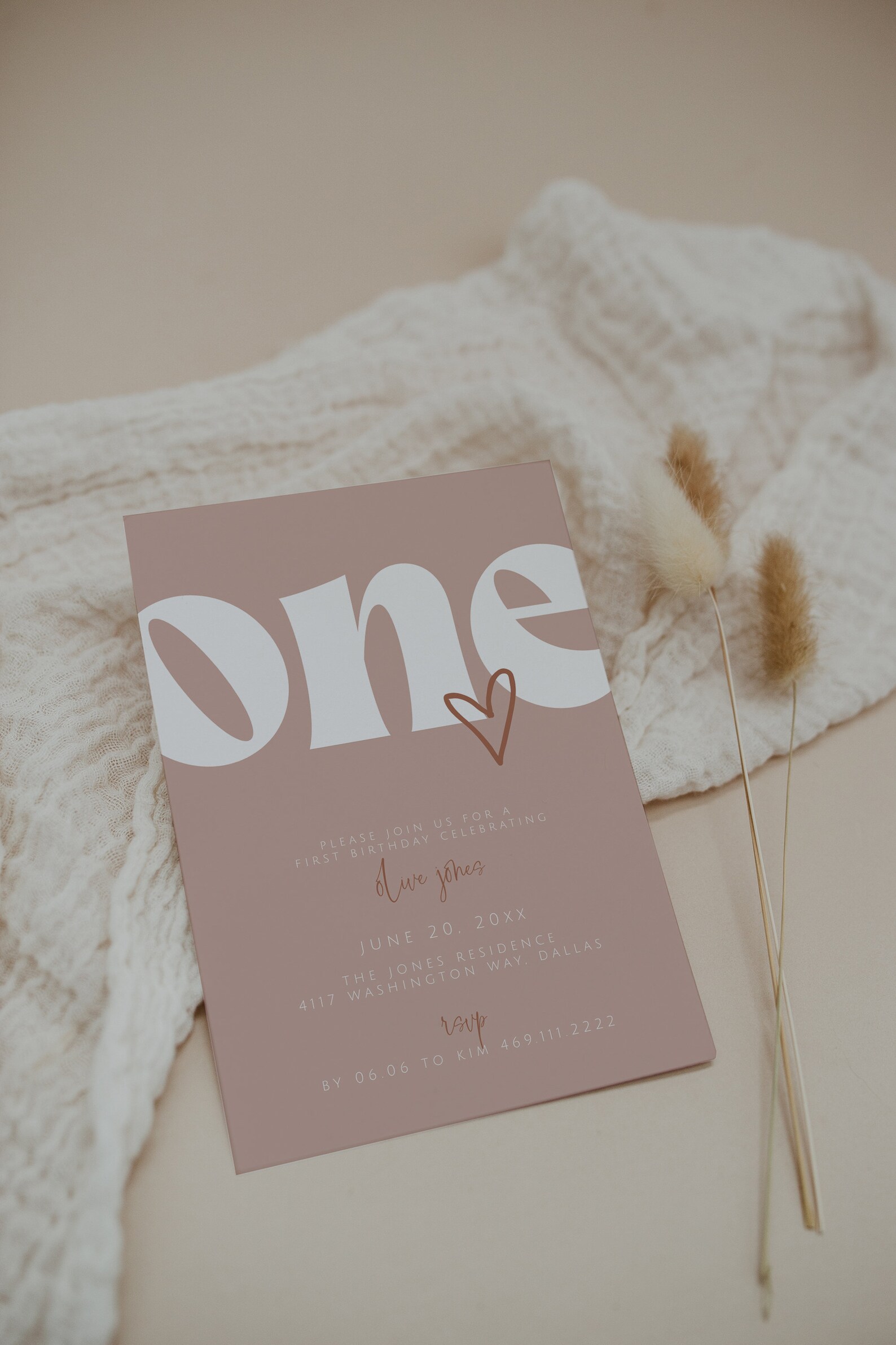 ARABELLA Retro 1st Birthday Invitation Template Dusty Rose - Etsy