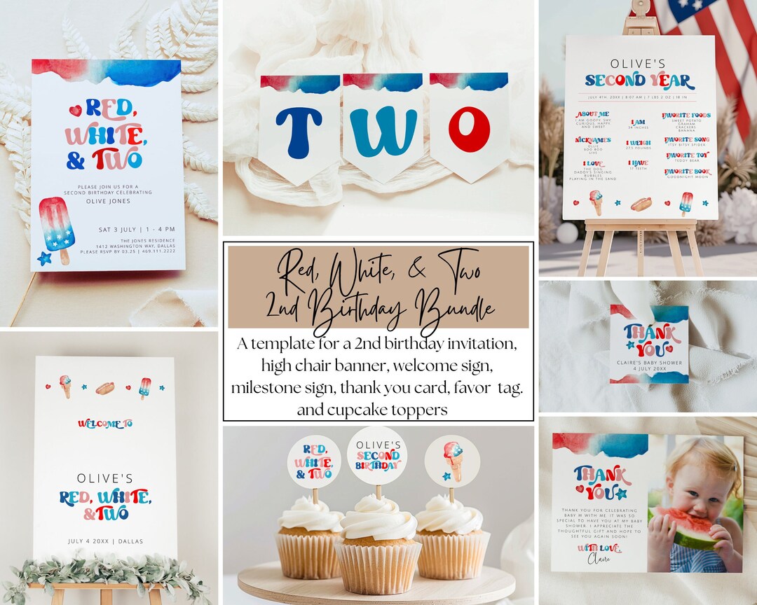 Red White & Two Birthday Bundle, 4th of July Second Birthday, 2nd ...