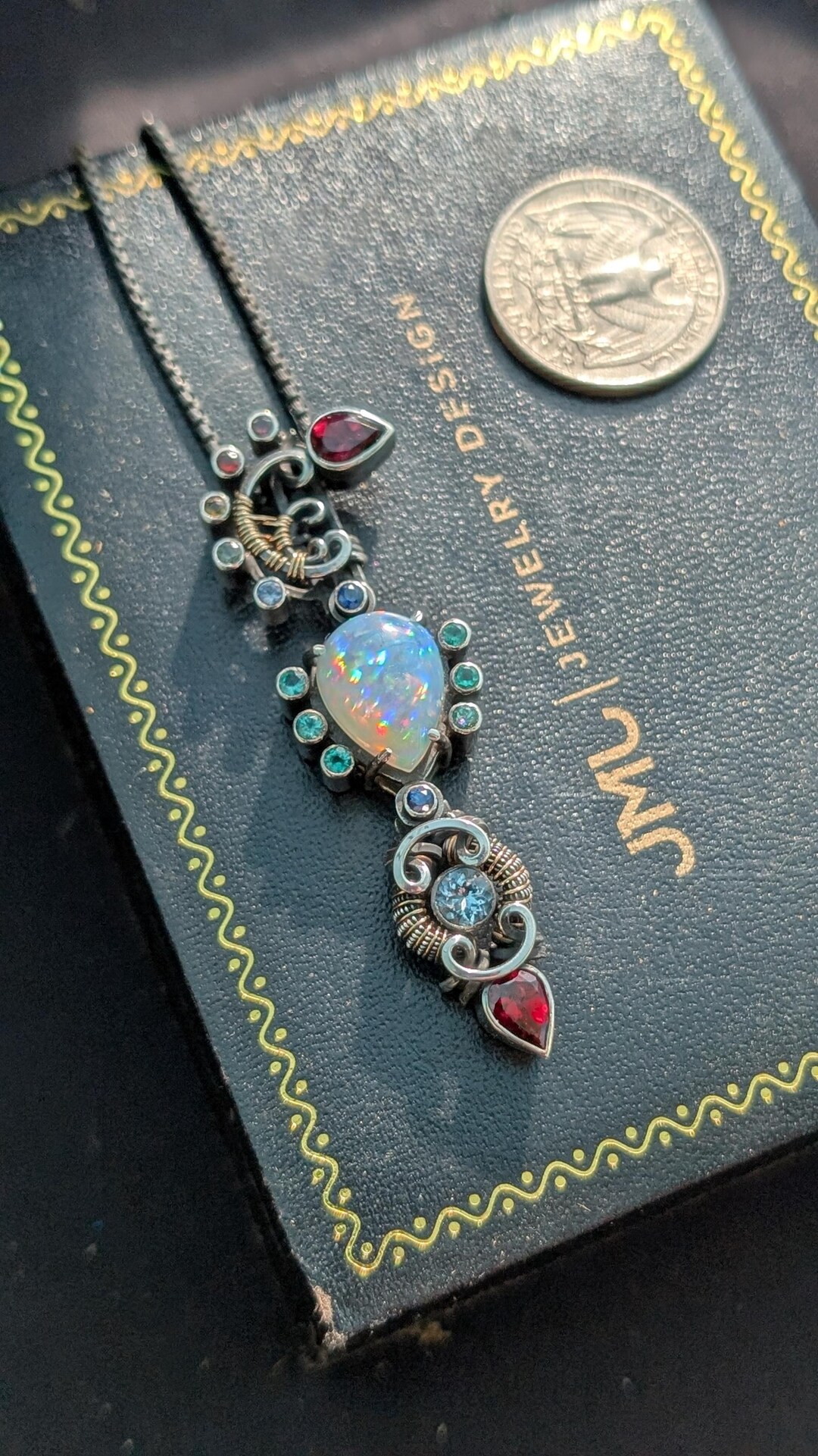 Articulating Wire Wrap Pendant- Opal With Emerald, Sapphire, Tourmaline ...