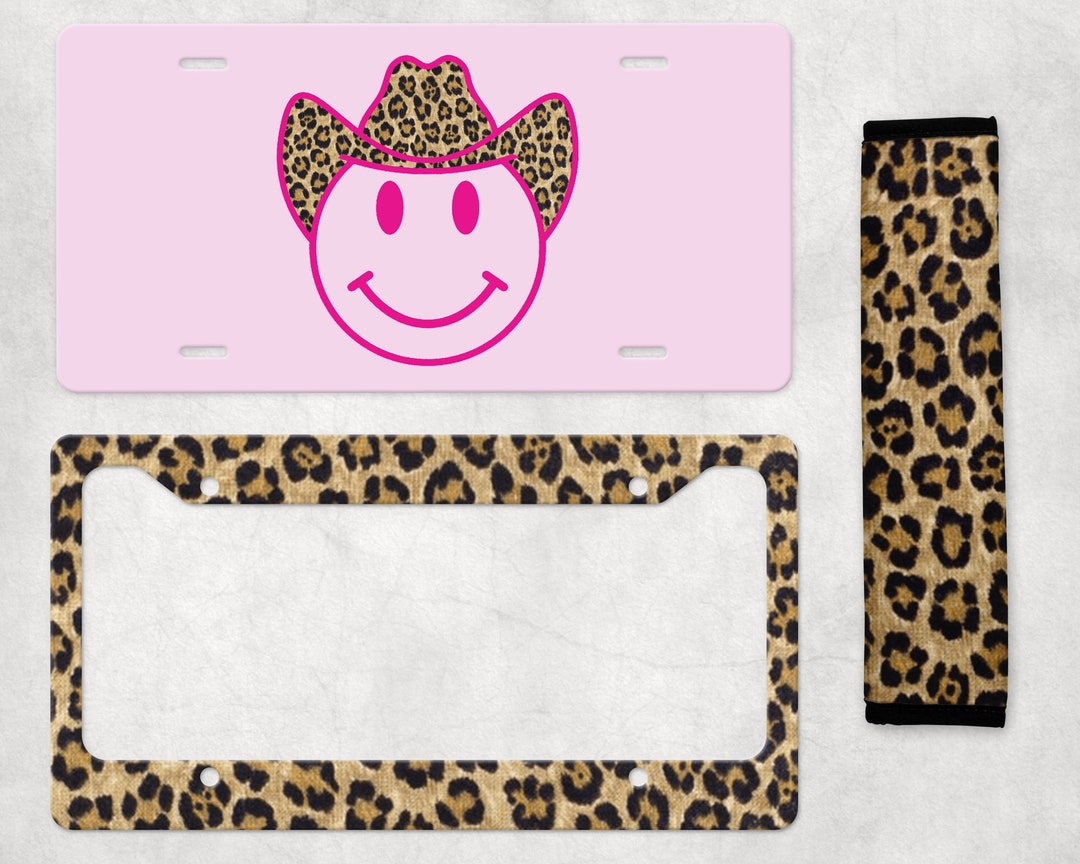 Smiley Face Cowgirl Cowboy License Plate, Leopard Print Plate Frame ...