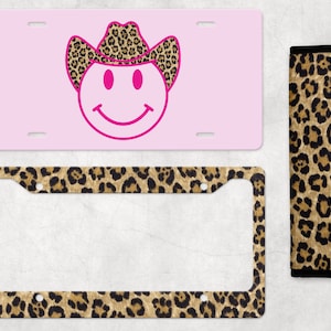 Smiley Face Cowgirl Cowboy License Plate, Leopard Print Plate Frame ...