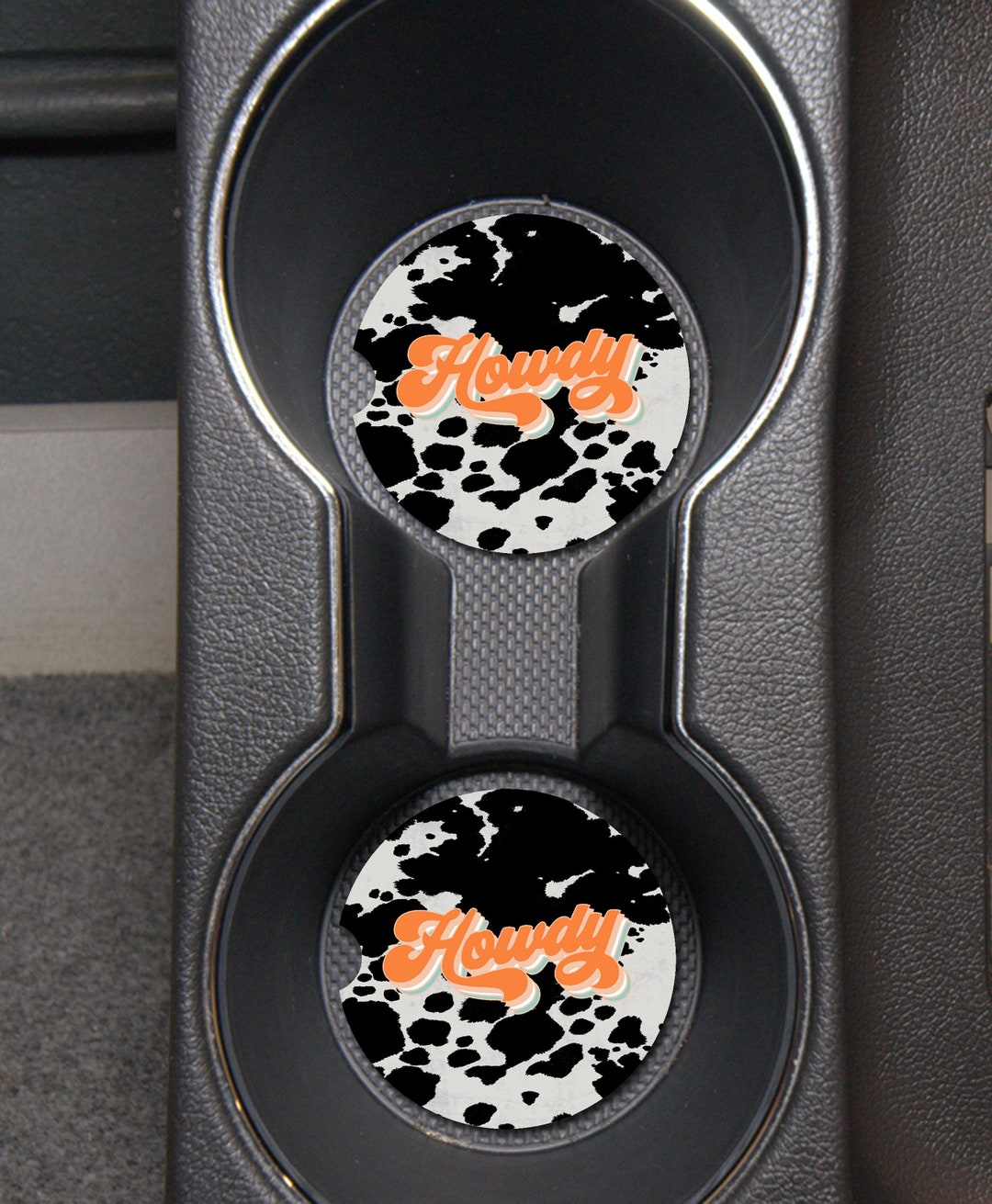 Howdy Cow Print Car Coaters, Cowhide Car Coasters, Car Cup Holders ...