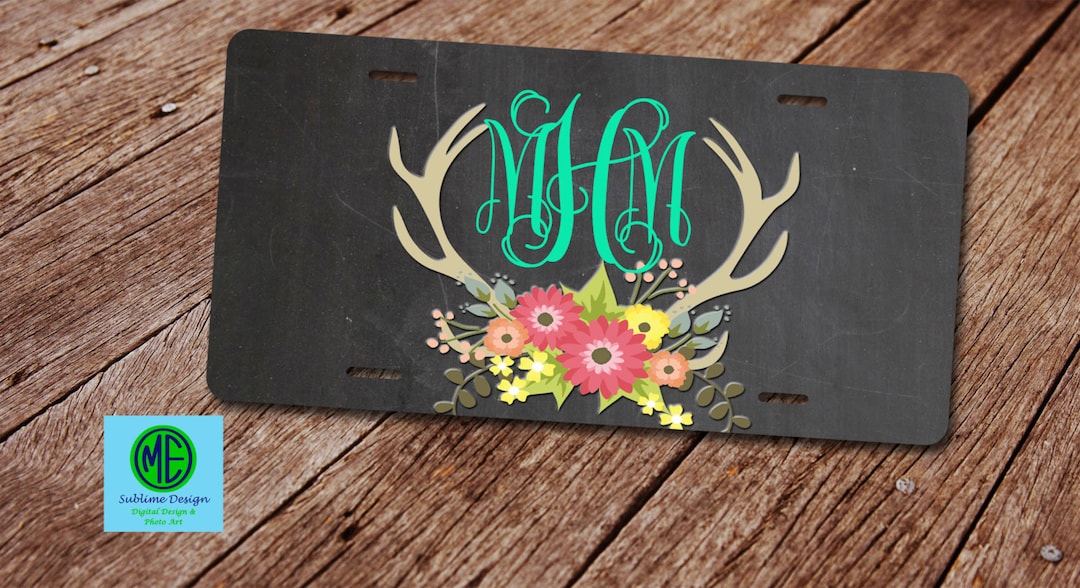Rustic License Plate, Floral and Antlers License Plate, License Plate ...