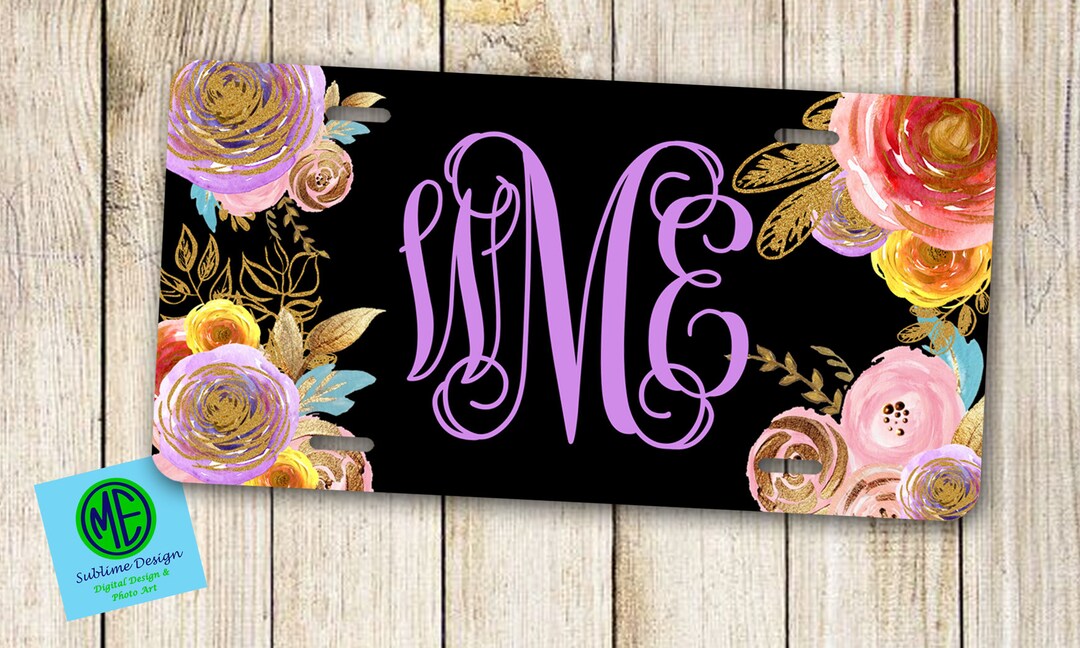 Floral Monogram License Plate, Floral License Plate Frame, Roses ...