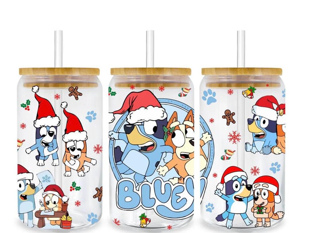 Bluey Xmas 16oz Libbey (1) Glass Can Cup With Lid and Straw - Etsy