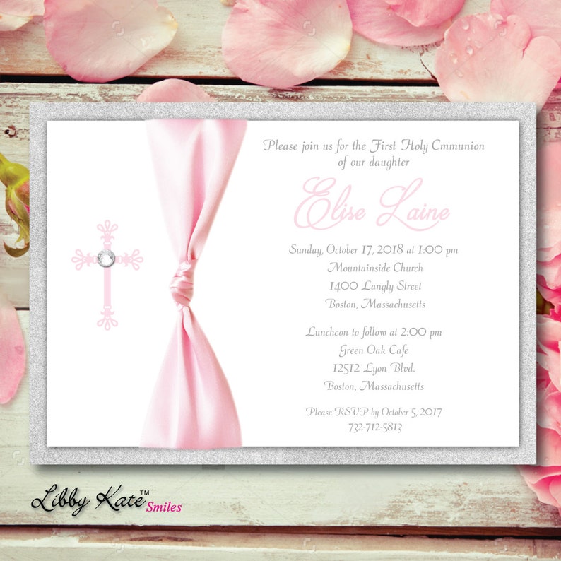 Girl First Communion Invitation Girl Pink and Silver - Etsy