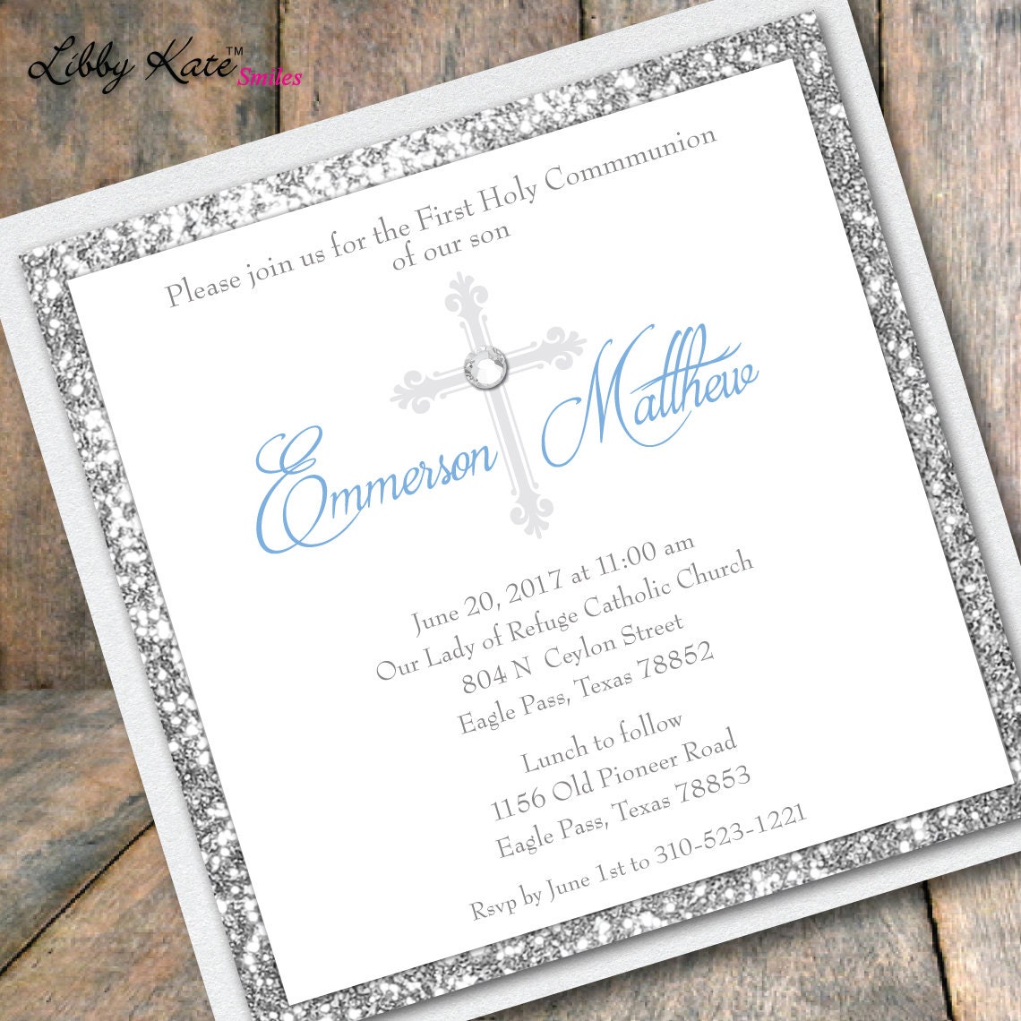 Communion Invitation Boy Communion Glitter Invitation Silver | Etsy