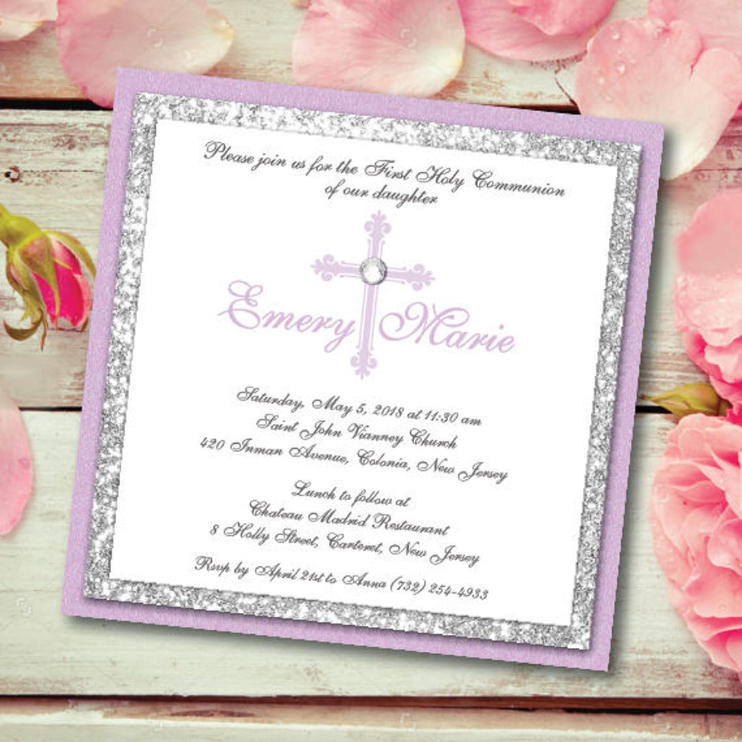 Communion Invitation Girl Communion Purple Invitation With Silver ...