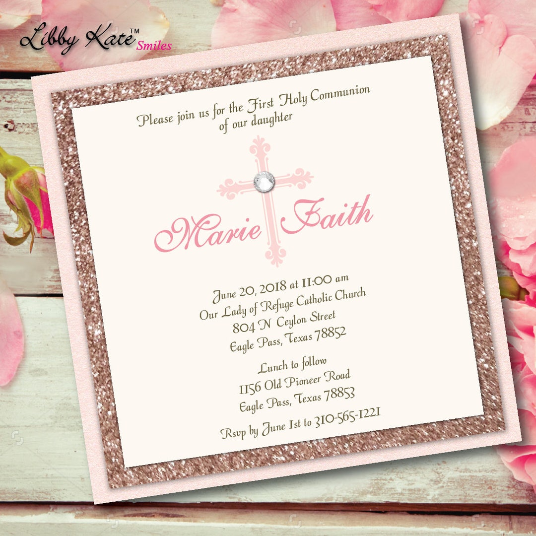 Communion Invitation Girl Communion Glitter Invitation Blush and Rose ...