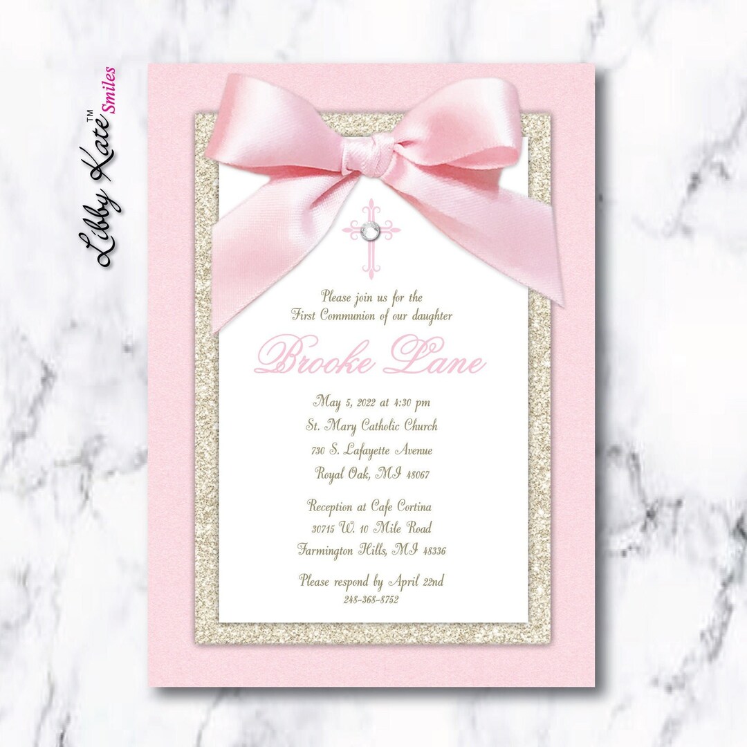 Pink and Gold Girl First Communion Invitation Pink and Gold Communion ...