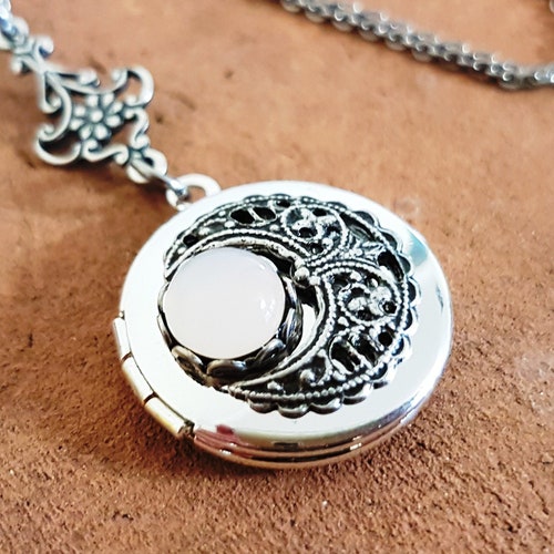 Tiny Round Silver Moon Locket Vintage White Opal Victorian | Etsy