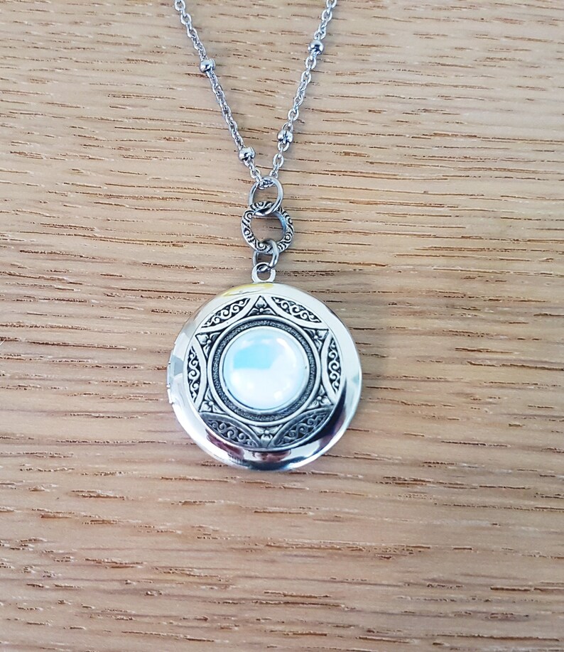 Moon Locket Art Deco Round Silver Necklace Vintage White Opal - Etsy