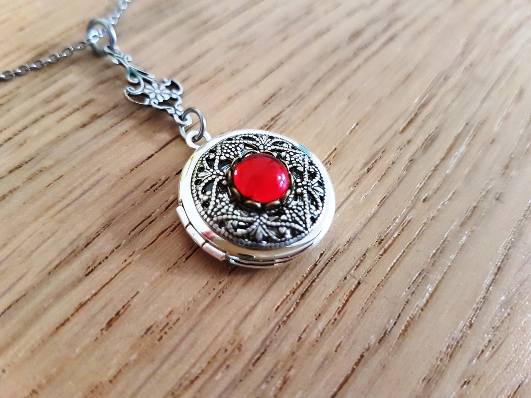 Tiny Round Silver Ruby Locket Necklace Victorian Vintage Style Red July ...