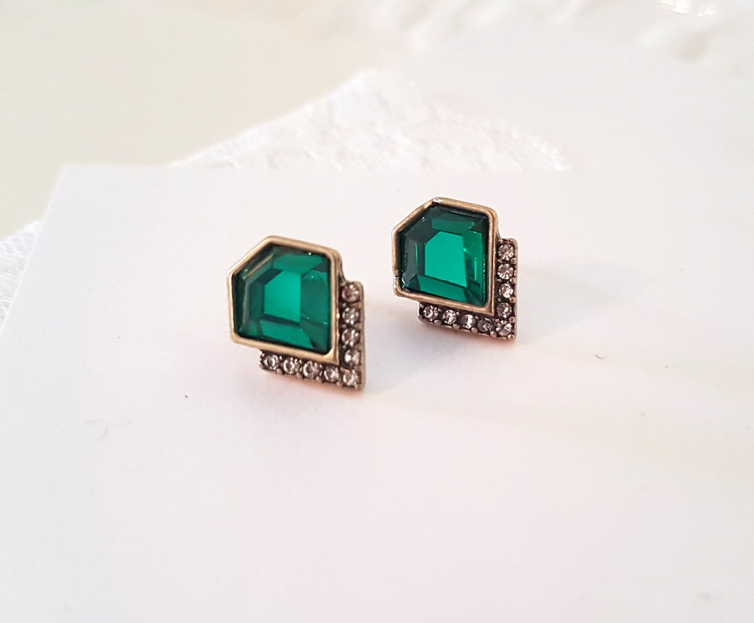 Vintage Find Art Deco Style Dainty Emerald Green Stud Earrings Geometric Studs Crystal ...