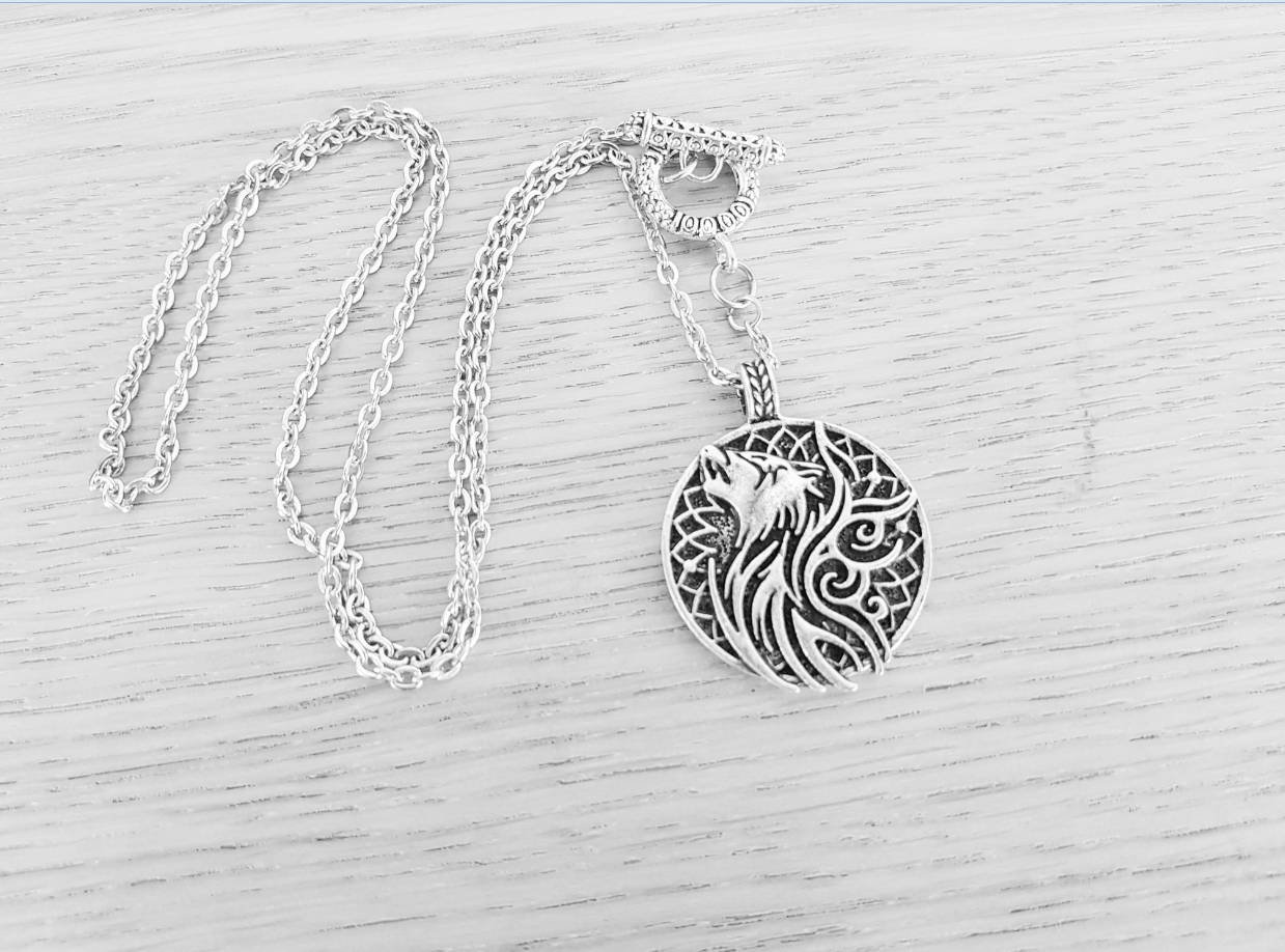 Howling Wolf Angel Silver Necklace Full Moon Raven Crow | Etsy