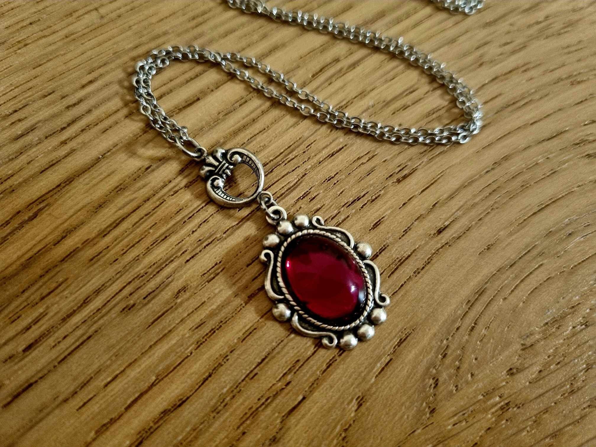 Tiny Dainty Victorian Style Ruby Necklace Silver Ornate Czech Glass