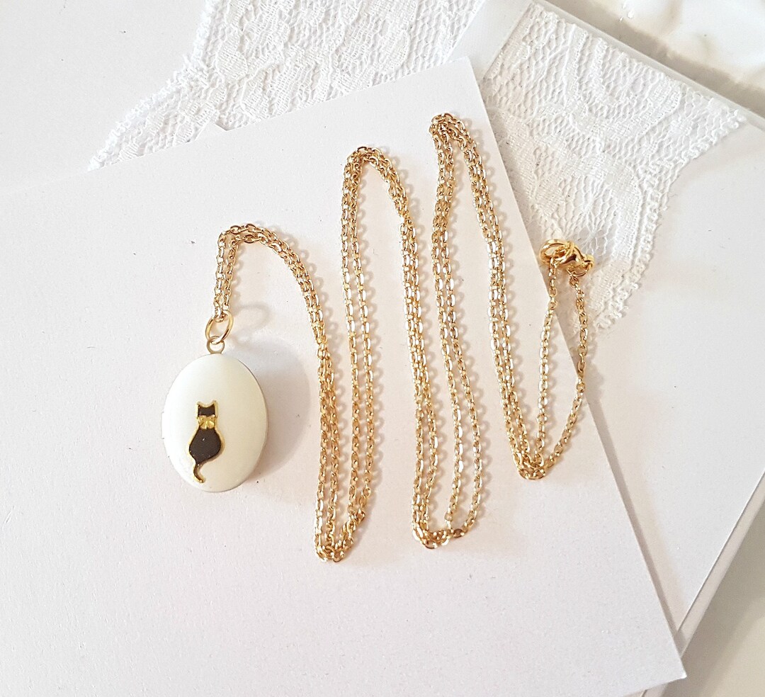 Vintage Black Cat Gold Oval Locket White Dainty Small Pendant Chat Noir ...