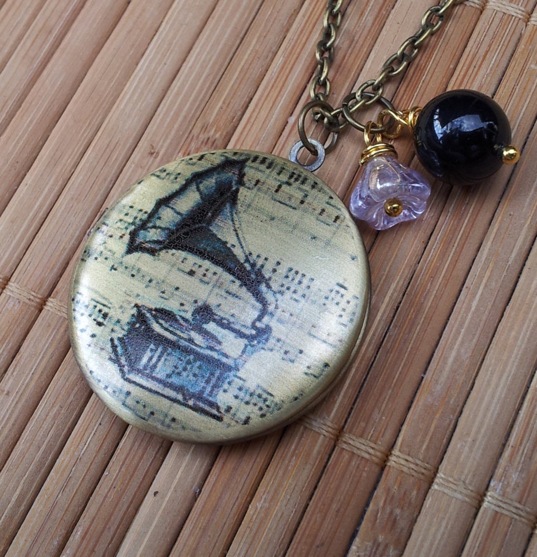 Vintage Gramophone Locket Necklace: Music Sheet Pendant With Lavender ...