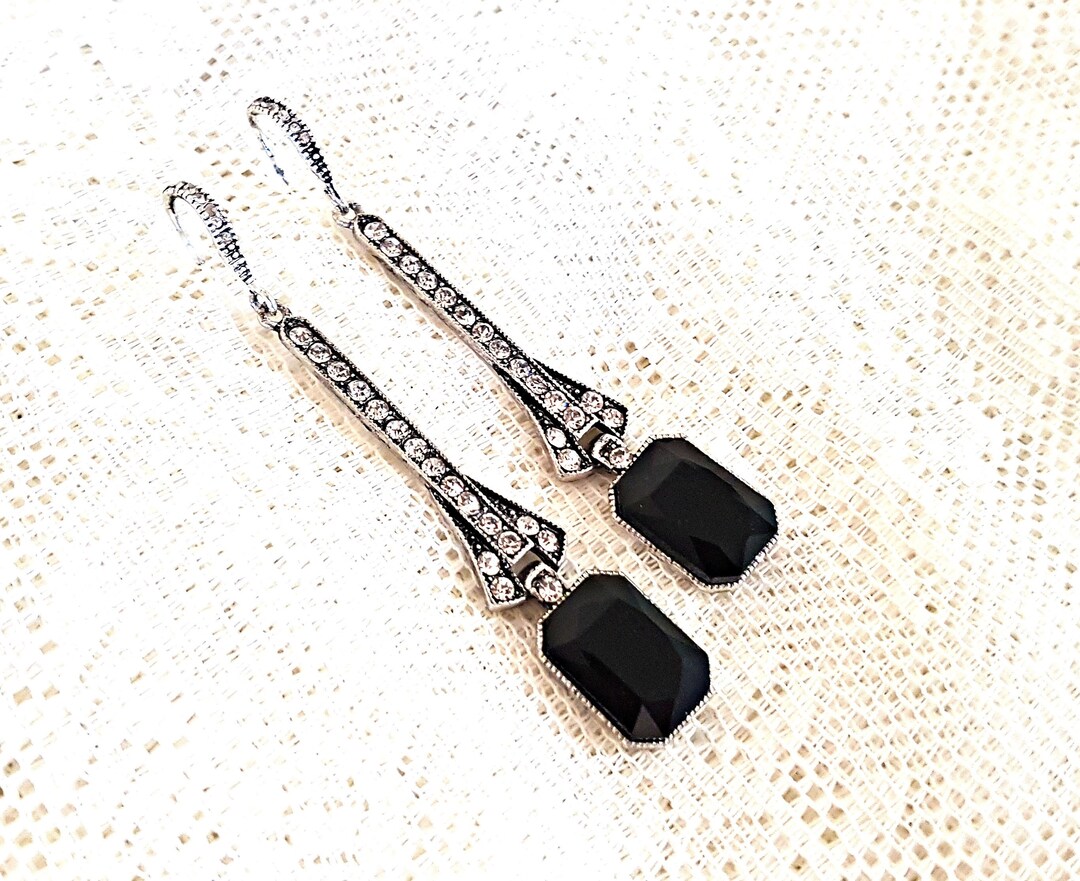 Vintage Art Deco Black Onyx Octagon Drop Earrings: Silver Gatsby Style ...