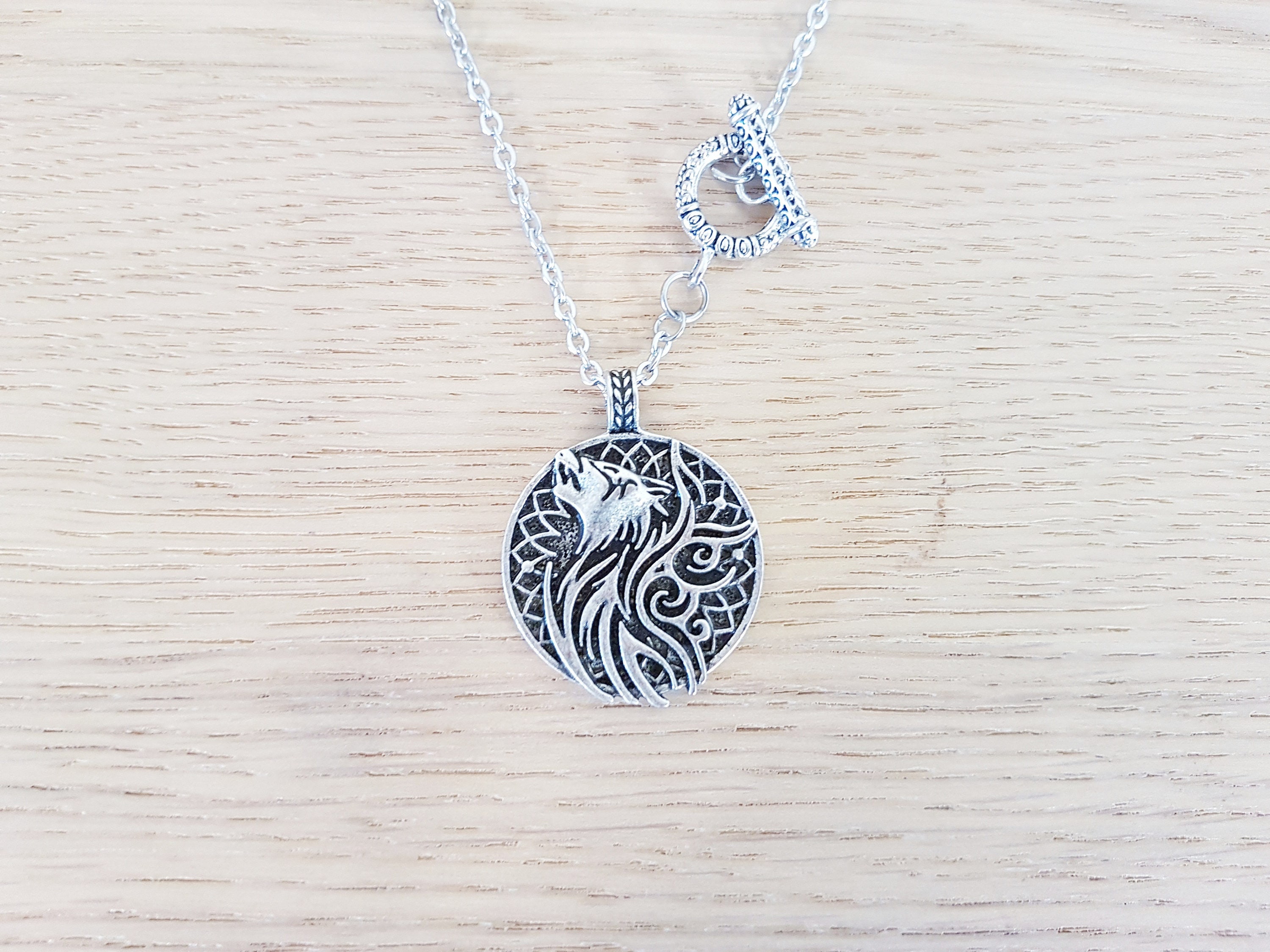 Howling Wolf Angel Silver Necklace Full Moon Raven Crow | Etsy