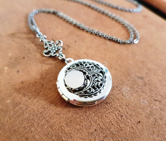 Tiny Round Silver Moon Locket Vintage White Opal Victorian | Etsy