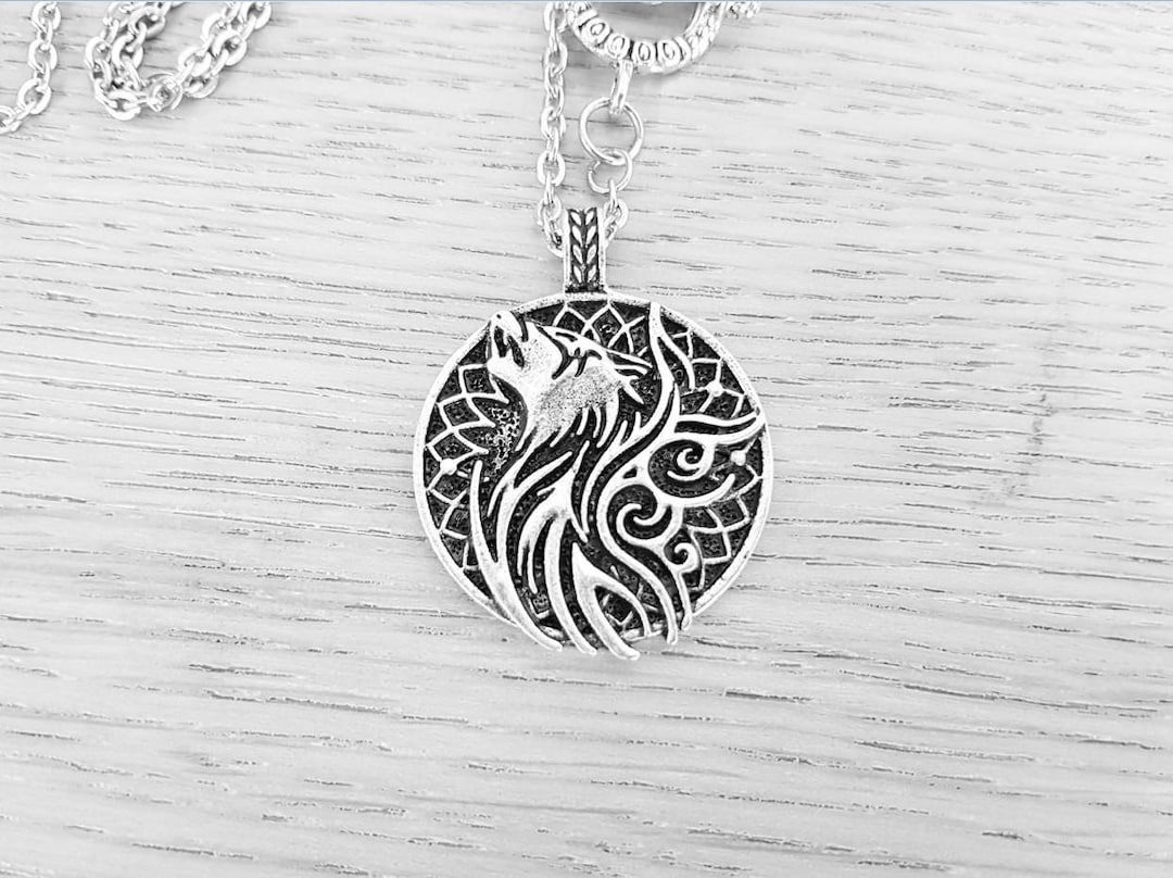 Howling Wolf Angel Silver Necklace - Full Moon Raven Crow Wolves ...